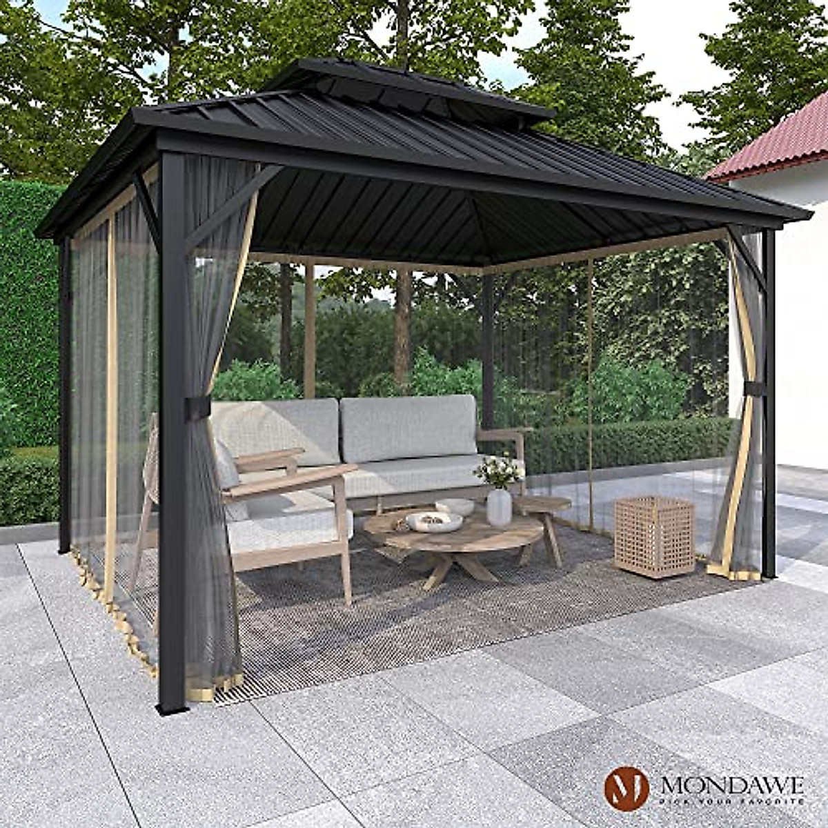 MONDAWE 10x12Ft Hardtop Gazebo with Netting Heavy Duty Permanent Gazebo Galvanized Steel Double Roof Pavilion Steel Frame Canopy Outdoor for Patio Lawn Garden