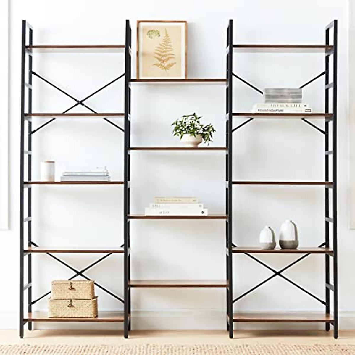 SUPERJARE Triple 5 Tier Bookshelf, Bookcase with 14 Open Display Shelves, Ladder Bookshelf, Wide Book Shelf Book Case with Steel Frame, Wood Board, for Home & Office, Dark Brown