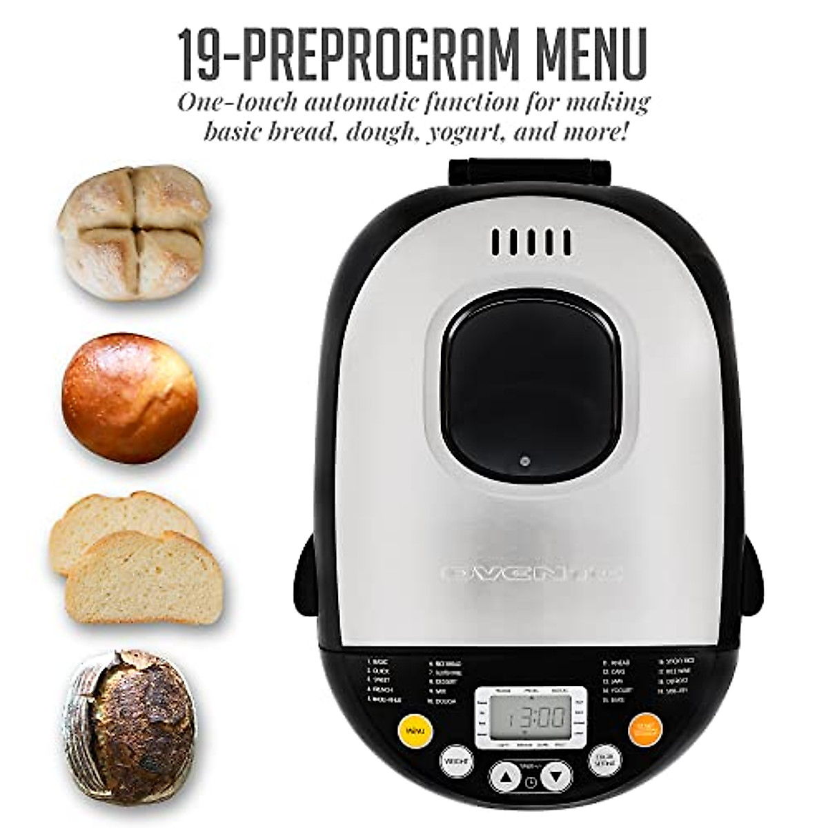 OVENTE Bread Maker Machine with Gluten Free Setting, 19 Preset Menu, Digital Display and Nonstick Baking Pan, Perfect for Homemade Loaf, Sourdough, Wheat, Dough, Black BRM5020B