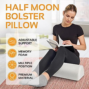 AllSett Health Large Half Moon Bolster Pillow for Legs, Knees, Lower Back and Head, Lumbar Support Pillow for Bed, Sleeping | Semi Roll for Ankle and Foot Comfort - Machine Washable Cover, White