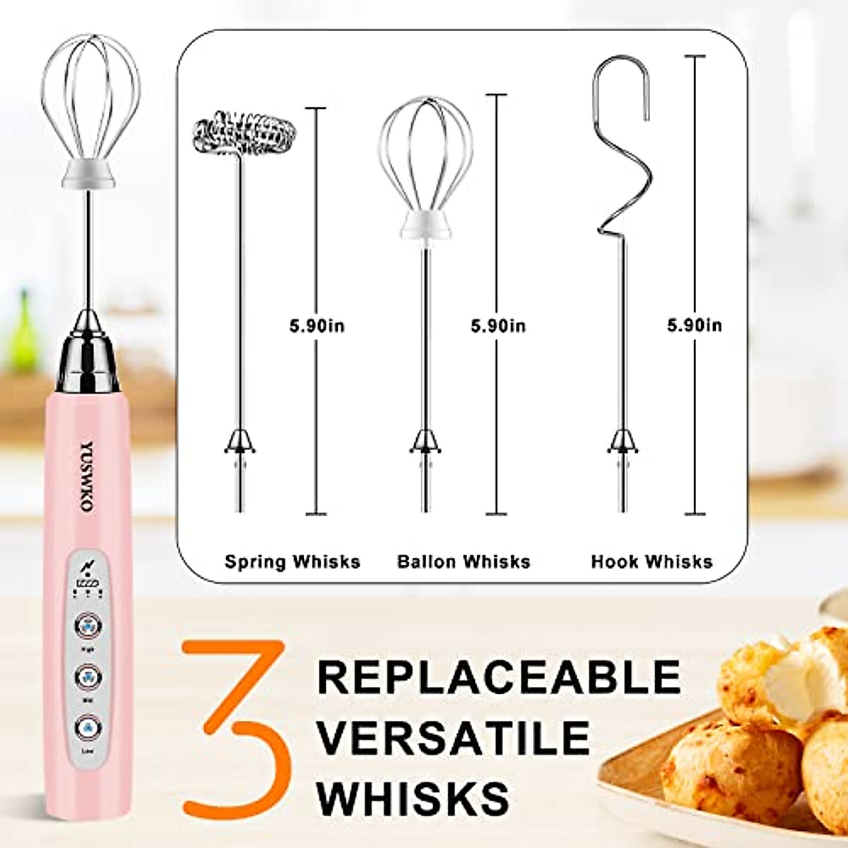 YUSWKO Milk Frother Handheld with 3 Heads, Coffee Whisk Drink Foam Mixer with USB Rechargeable 3 Speeds, Electric Hand Frother for Latte, Cappuccino, Hot Chocolate, Egg - Pink