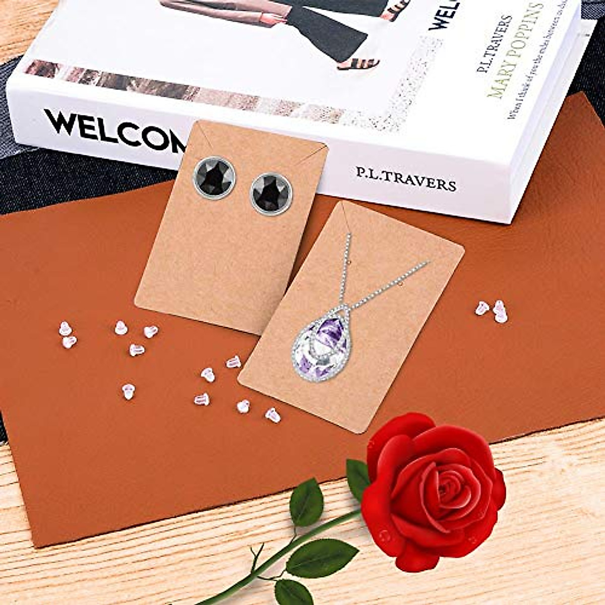 Earring Cards, Anezus 100 Pcs Earring Display Cards Earring Holder Cards with 200 Earring Backs and 100 Self- Sealing Bags for Earrings Necklace Jewelry Display, Kraft Color 3.5x2.4 Inches