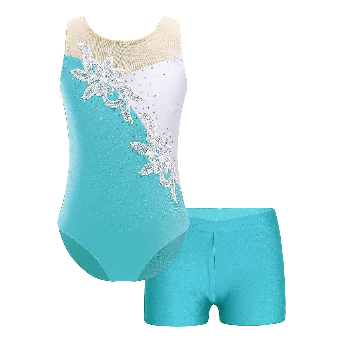 Linjinx Kids Girls Rhinestone Floral Gymnastics Dance 2 Piece Outfits Sleeveless Leotards with Athletic Shorts Sets Tracksuit Blue Green 6 Years