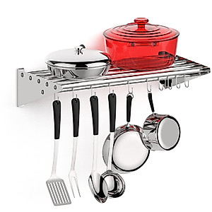 Stainless Steel Wall Mount Shelf 12 x 24 Inch, NSF Certified Shelf with Hooks, 145 lb Load Capacity Commercial Kitchen Rack Storage Shelves for Restaurant, Kitchen, Home & Hotel