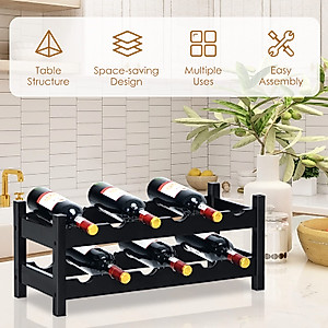 COSTWAY Wine Rack, Bamboo 12 Bottles 2-Tier Wine Display Rack for Countertop Home Kitchen Pantry, Free Standing Wine Storage, Rack Tabletop Wine Rack (Brown)