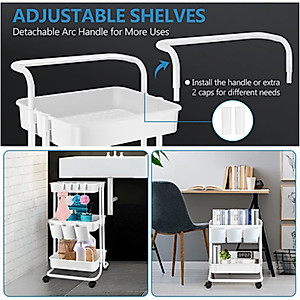 3 Tier Utility Rolling Cart - Storage Cart Organizer Cart Kitchen Cart Makeup Cart 3 Shelf Baby Tray Cart with Hanging Cups Trolley Handles and Wheels Use for Bathroom Kids Room Bedroom Office (White)