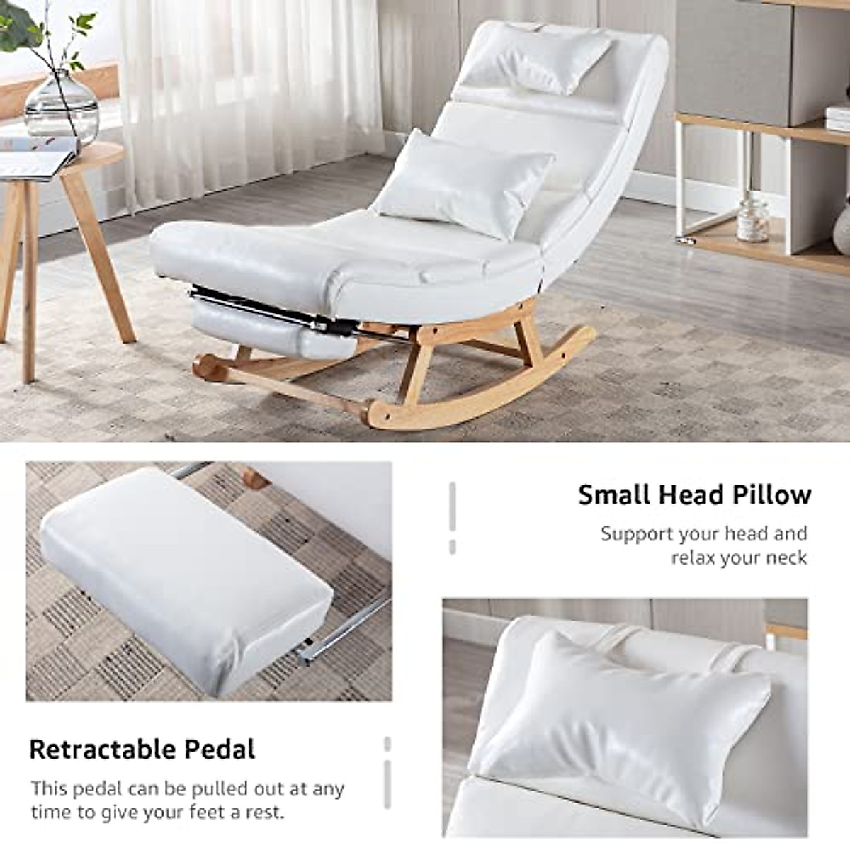 NIOIIKIT Modern Rocking Lounge Chair, Upholstered Glider Chair for Nursery, Accent Rocker Chair with Large Back & Pull Out Pedal, Lie or Sleep Lazy Chair for Living Room, Bedroom, Balcony (White PU)