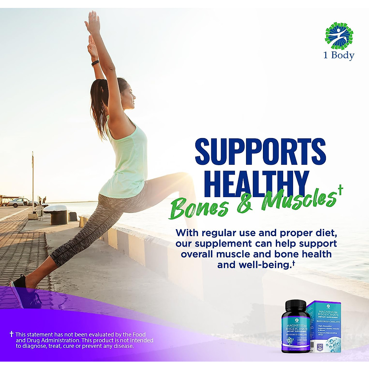 1 Body Magnesium Bisglycinate Supplement, 44 mg Pure Chelated Formula, 120 Capsules, Maximum Absorption, Muscle Cramp Relief