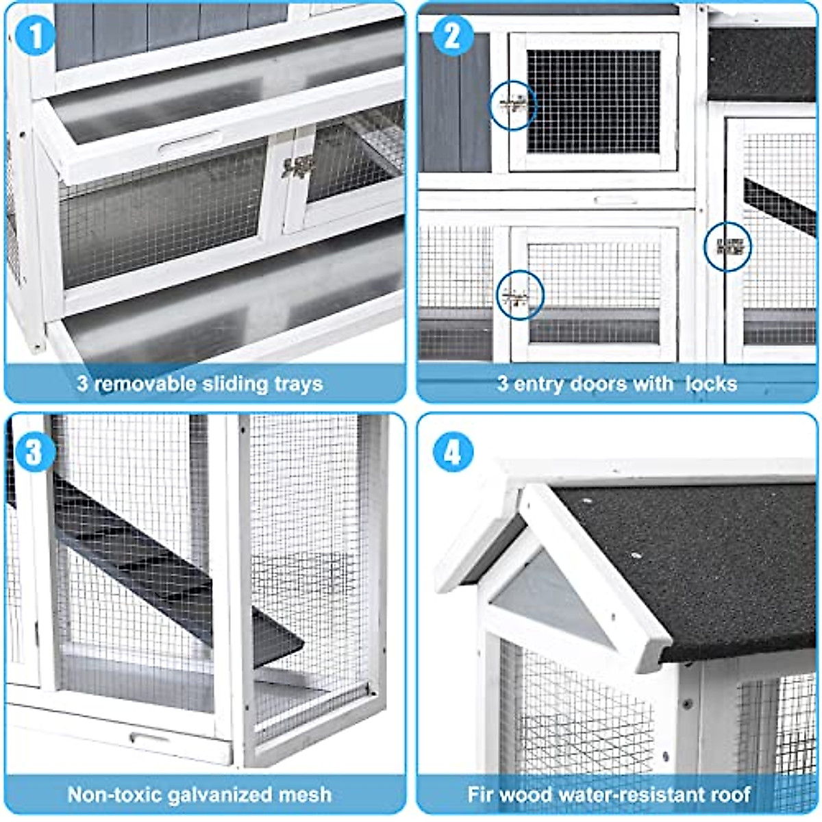 Lifeand Rabbit Hutch Chicken Coops Bunny Cage with Pull Out Tray, Ramp, Lockable Doors,Two Run Cage Outdoor Wooden Small Animal House,Gray