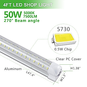 Skymoatled 8Pack 4FT LED Shop Light Garage Lights,50W 5000K/Daylight White 7550LM,Hanging/Surface Mount,Plug and Play,Linkable LED Shop Lights,T8 4FT LED Tube Lights for Warehouse Workshop Basement