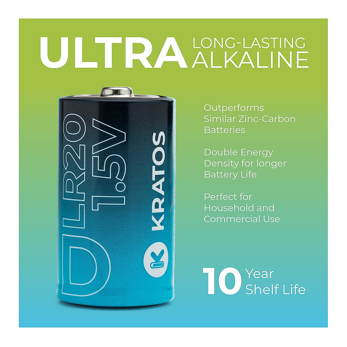 Kratos Power D Batteries - 4 Pack Alkaline Batteries - Long-Lasting All-Purpose D Battery - 10 Year Shelf Life - Mercury & Cadmium Free Flashlight Batteries - Disposable Replacement Batteries