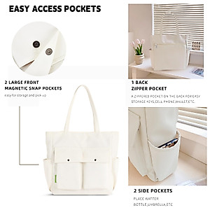 Ruofuna Women Tote Bag with Pockets Zipper Casual Shoulder Handbags Waterproof Nylon Cute Totes Bag with Compartments White