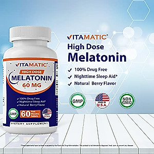 Vitamatic Melatonin 60mg Fast Dissolve Tablets - 60 Vegan Natural Berry Flavor Tablets - Non-Habit Forming - Non-GMO, Gluten Free (1 Bottle)