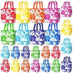 Teling 24 Pcs Hibiscus Party Tote Bags Hawaiian Non Woven Gift Bags with Handles for Tropical Aloha Luau Tiki Summer Party Supplies