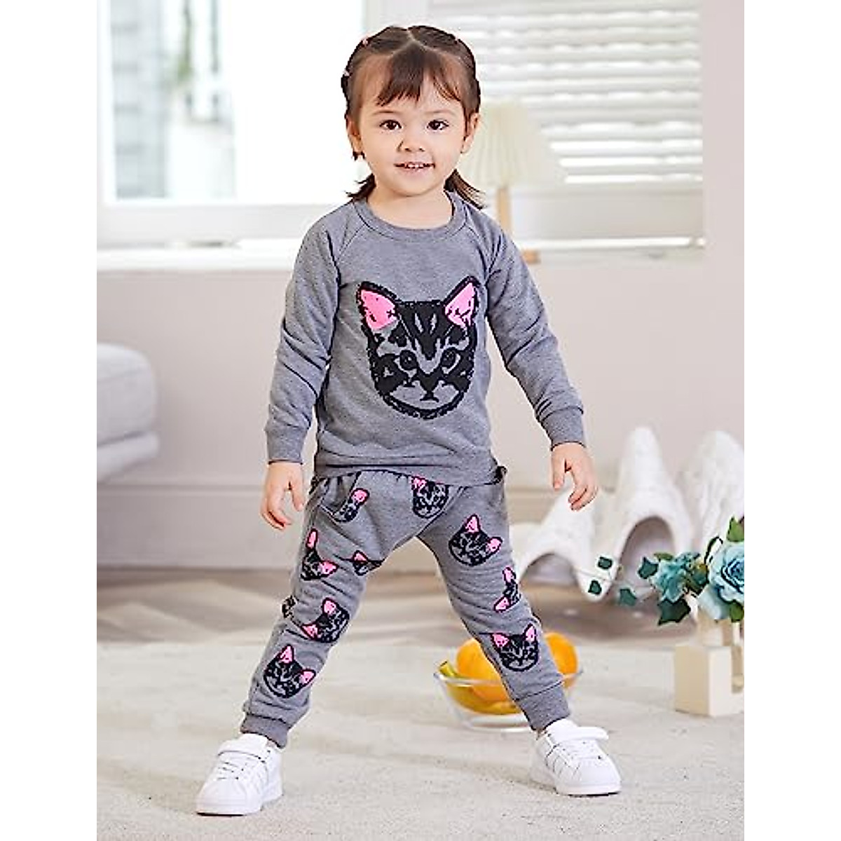 puseky Toddler Kids Girls Cute Cat Sweatshirt Tops & Pants Tracksuit Outfits Set (3T-4T, Grey)