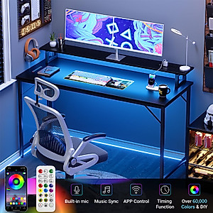 iSunirm 47 inch Computer Desk with Power Outlets, Gaming Desk with LED Lights, Home Office Work Desk with Monitor Shelf, Modern Office Desk Study Writing Table for Small Spaces, Black