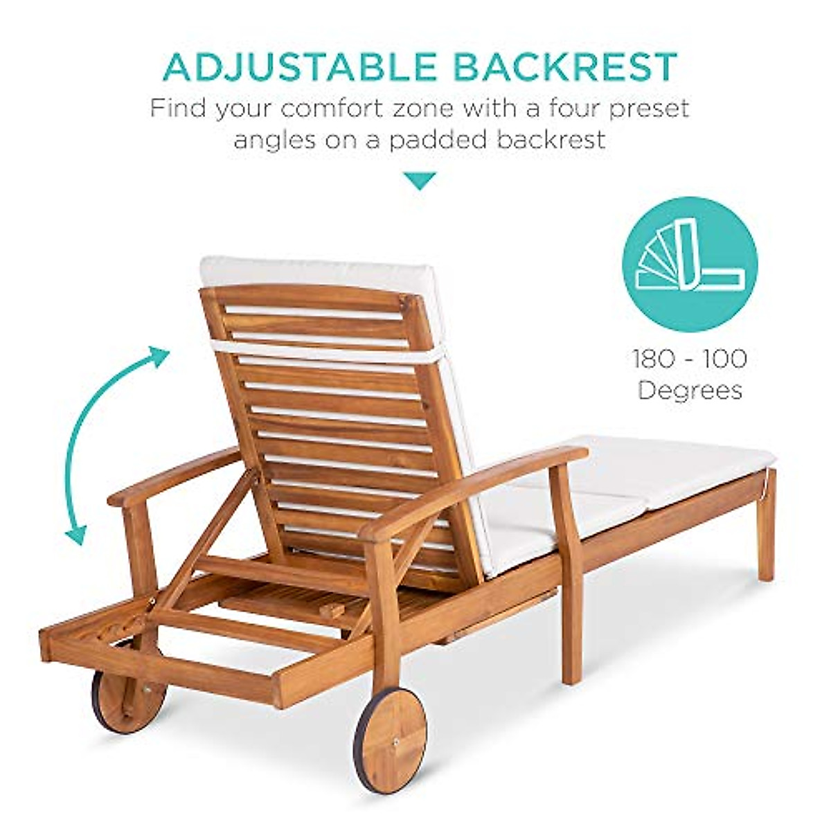 Best Choice Products 79x26in Acacia Wood Chaise Lounge Chair Recliner, Outdoor Furniture for Patio, Poolside w/Slide-Out Side Table, Foam-Padded Cushion, Adjustable Backrest, Wheels - Cream