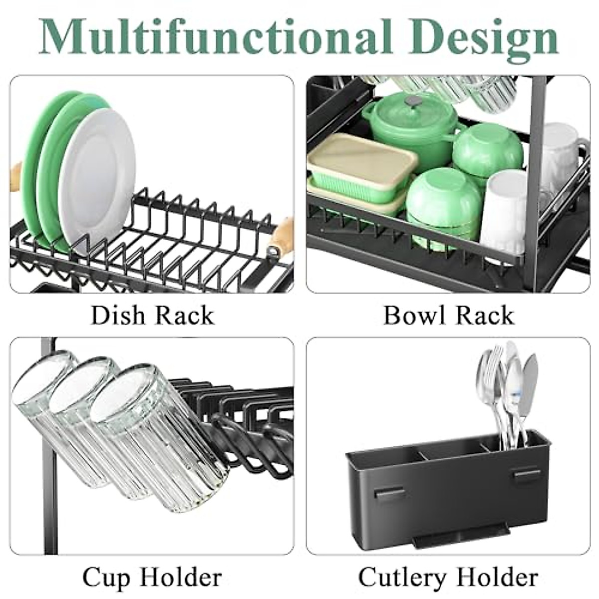 Dish Drying Rack for Kitchen Counter - 2 Tier Dish Rack with Drainboard, Stainless Steel Large Dish Drainers, Black