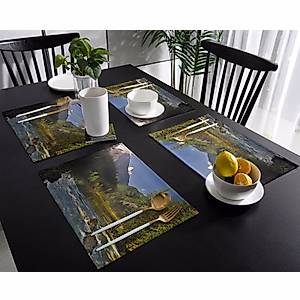Placemats Set of 4, Flowing River and Pine Trees with Scenic Mountain Place Mats Dining Table Mat for Kitchen Washable Place Mats Heat-Insulation Non-Slip Plate Cup Mats for Table Decor, 13 x 19 Inch