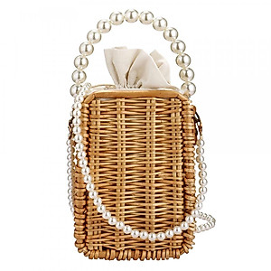 Rattan Bag, Summer Tote Bag, Beach Bag Purse for Women, Top Handle Handbag, Pearl Purse