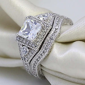 Two Rings His Hers Wedding Ring Sets Couples Matching Rings Women's 2pc White Gold Filled Square CZ Wedding Engagement Ring Bridal Sets & Men's Titanium Wedding Band