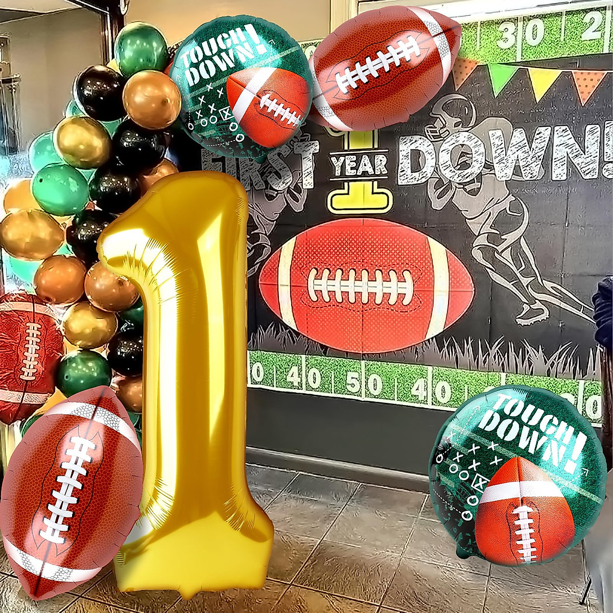 Dripykiaa 5Pcs First Year Down Football Birthday Party Balloon 40” Gold One Balloon Bouquet for First Birthday Football Foil Helium Balloons Birthday Party Decorations Party Supplies Backdrops for Boy