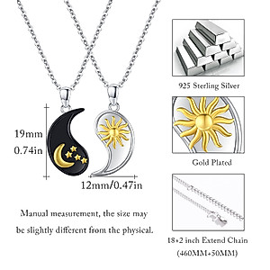 XIXLES Yin Yang Matching Necklace Set 925 Sterling Silver Moon And Sun Couples Necklaces, Yin Yang Matching Couple Jewelry for Friend Couples