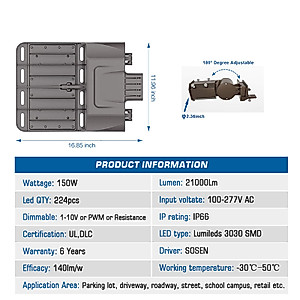 ABODONG LED Parking Lot Light 150W 21,000LM (140LM/W) 5700K LED Street Lights with Adjustable Slip fit Mount Dusk-to-Dawn Photocell Sensor IP66 Outdoor Commercial UL & DLC Certified