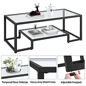 Yaheetech Coffee Table, Tempered Glass Coffee Table, Modern Simple Center Table w/Geometric-Inspired Design & Metal-Frame & Easy Assembly & Open Storage Shelf for Living Room, Office, Black