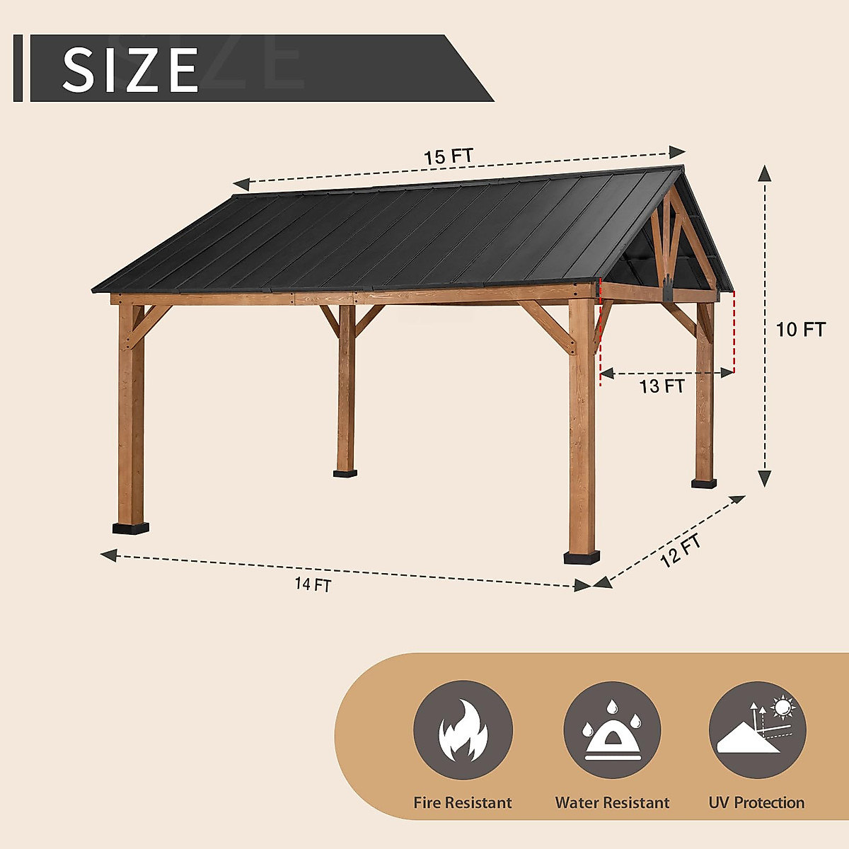 Joyside Cedar Wood Gazebo 13 x 15 ft. Wood Patio Gazebo - Cedar Wood Framed Gazebo with Metal Steel Gable Roof Hardtop Gazebo for Patio, Garden, Lawns and Parties