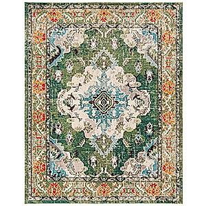 SAFAVIEH Monaco Collection 6'7" x 9'2" Forest Green/Light Blue MNC243F Boho Chic Medallion Distressed Non-Shedding Living Room Bedroom Dining Home Office Area Rug