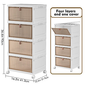 4 Tier Plastic Storage Bins with Lids 28QT, Stackable Storage Containers with Wheels, Folding Storage Boxes, Collapsible Storage Bins, Closet Organizers and Storage for Living Room,Office,Dorm