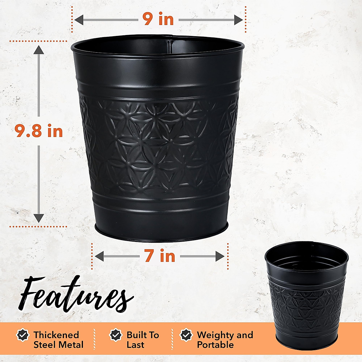 Autumn Alley Black Trash Can for Bathroom, Round Open-Top Bathroom Trash Basket Black Stylish Metal Black Waste Basket for Bedroom, Office Bathroom Accessories, Black