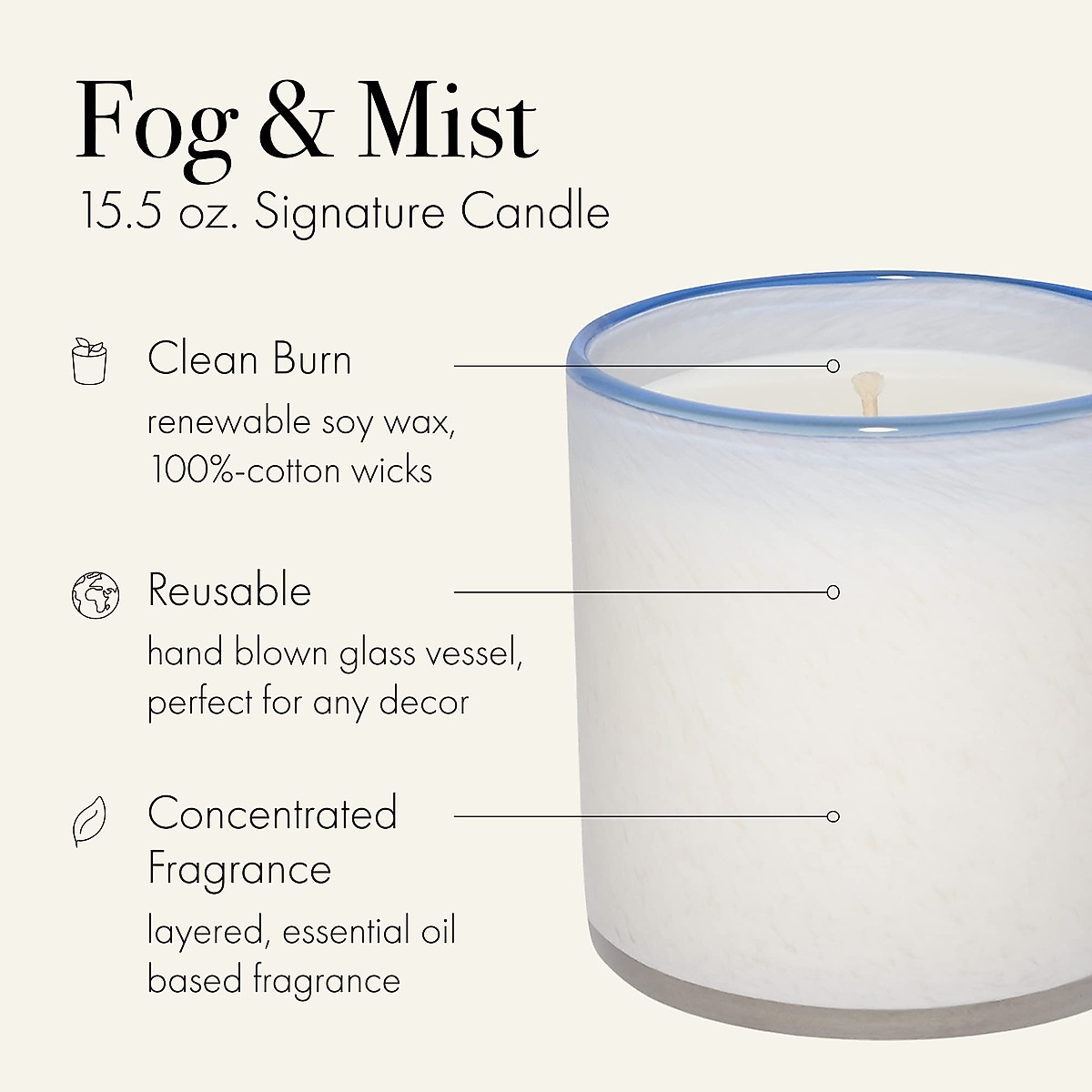 LAFCO New York Signature Candle, Fog & Mist - 15.5 oz - 90-Hour Burn Time - Reusable, Hand Blown Glass Vessel - Made in The USA