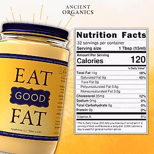 Ancient Organics Ghee, Organic Grass Fed Gluten Free Clarified Ghee Butter with Vitamins & Omegas, Lactose Reduced, 100% Certified Organic, Kosher, USDA Certified, Made in USA – 32 Fl Oz (Pack of 1)