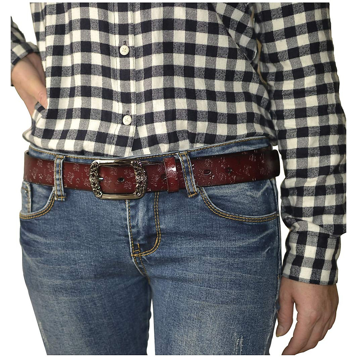 AmyKer Womens Leather Belts for Jeans Black Brown Yellow Red Cowgirl Embossed Belt and Buckle Elegant Gift Box Brown 45 inch (115cm)