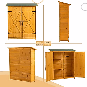 Outdoor Storage Cabinet- Garden Storage Shed- Lockable Wooden Storage Sheds Organizer for Home, Yard, Outdoor 56”L x 19.5”W x 64”H (Natural + Solid Wood)