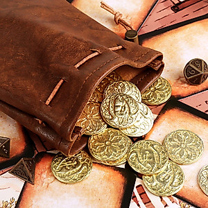 50 PCS Gold Coins & PU Leather Bag, DND Metal Coins, Fantasy Coins Treasure for Board Games, Fake Coins As Game Tokens for Dungeons & Dragons, Tabletop TTRPG Games Medieval Retro Accessories Addons
