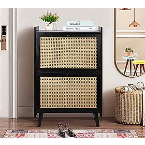 ZYBT Black Entryway Shoe Storage Organizer, Wooden Shoe Rack for Door, Free Standing Shoe Racks for Entryway, Shoe Storage Cabinet for Entryway Slim, 2 Flip Drawers Rattan Shoe Organizer