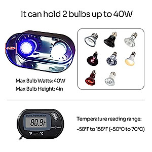 REPTI ZOO Nano Combo Reptile Deep Dome Dual Lamp Fixture and Digital Thermometer Reptile Dual Lamp Cap Combo Integration Design Max 40 Watts Max Bulb Height 4 in Per Socket UVB Light Fixture