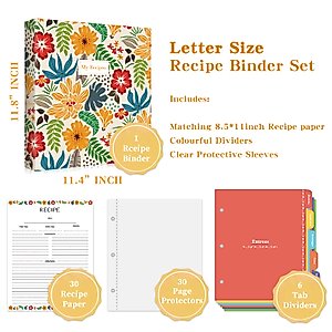 SUPMIND Recipe Binder 8.5" x 11" 3 Ring Full Page-Make Your Own Cookbook Binder with Plastic Page Protectors, Color Printing Paper and Full Page Dividers for Family Recipes.