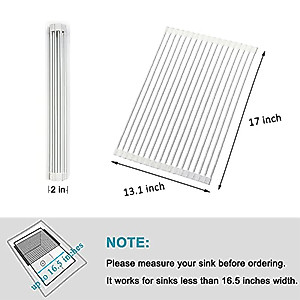 ZOIMINU Dish Drainer, White Roll Up Dish Drying Rack, Over Sink Drying Rack with Silicone-Coated, Heat-Resistant Anti-Slip Dry Rack for Dishes Cups Fruits Vegetables - 17" x 13.1"