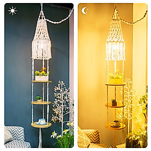 Macrame Lamp Shade and Hanging Plant Holder Shelf Indoor for Boho Bedroom Decor Plug in Pendant Light Hanging Light with Plug in Cord and Switch for Bohemian Office Corner Reading Light (Cream)