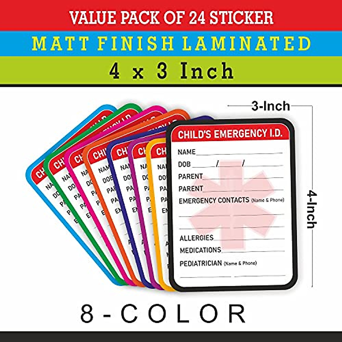 Infant Emergency Contact Sticker - (Pack of 24) 4" x 3" Child Medical Information ICE Stickers for Kids Vehicle Baby Car Seats Windows