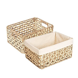 WERORA - Wicker Storage Basket for Shelves with Detachable Lining, Foldable Woven Basket Organizer Bins Set of 2, Seagrass Storage Basket Bins, Rectangle Pantry Baskets for Storage