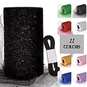 Black Glitter Tulle Fabric with Ribbon, 6 Inch by 50 Yards (150ft) Sequin Tulle Roll for Tutu Gift Wrapping Wedding Decoration DIY Crafts Party Backdrop