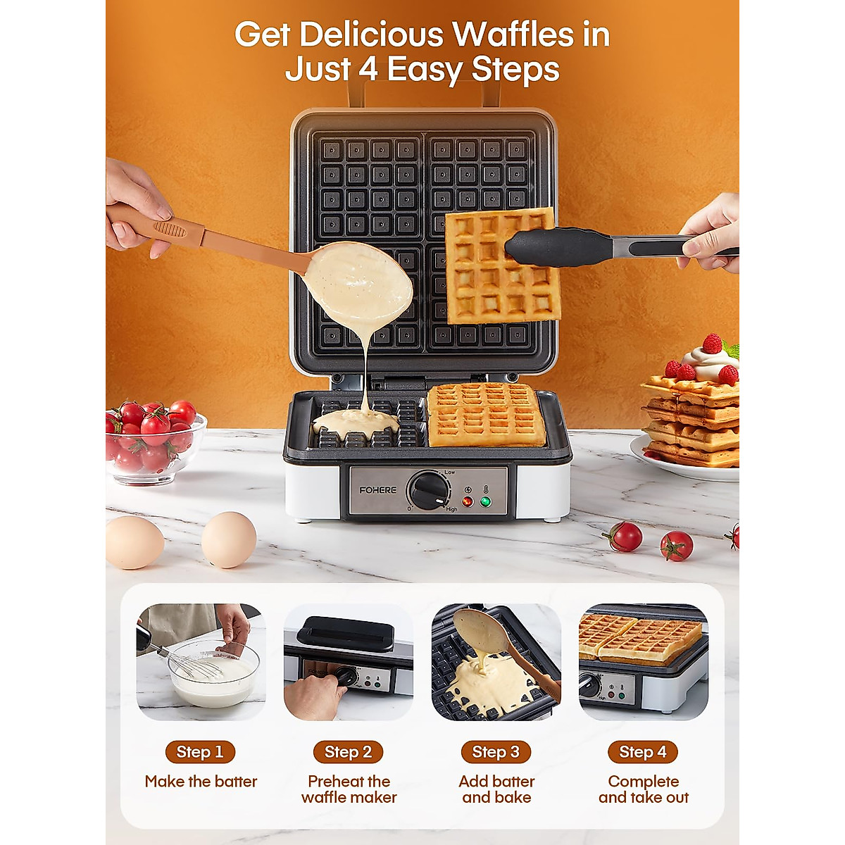 FOHERE Belgian Waffle Maker 4 Slices, 1200W Square Waffle Iron, 5 Browning Levels, Nonstick Plates, Cool-touch Handle, Anti-scald, Anti-overflow, Indicator Lights, Recipe, White