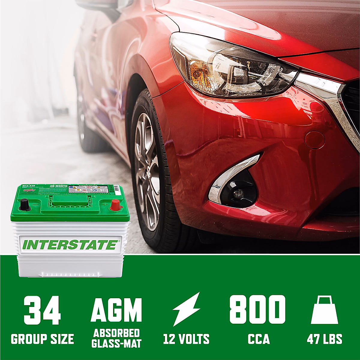 Interstate Batteries Automotive Battery 12V 63Ah (Group 34R) 800CCA SLI Pure Lead AGM Automobile Replacement Battery for Cars, Jeeps, SUVs, Trucks, Vans (MTZ-34R)