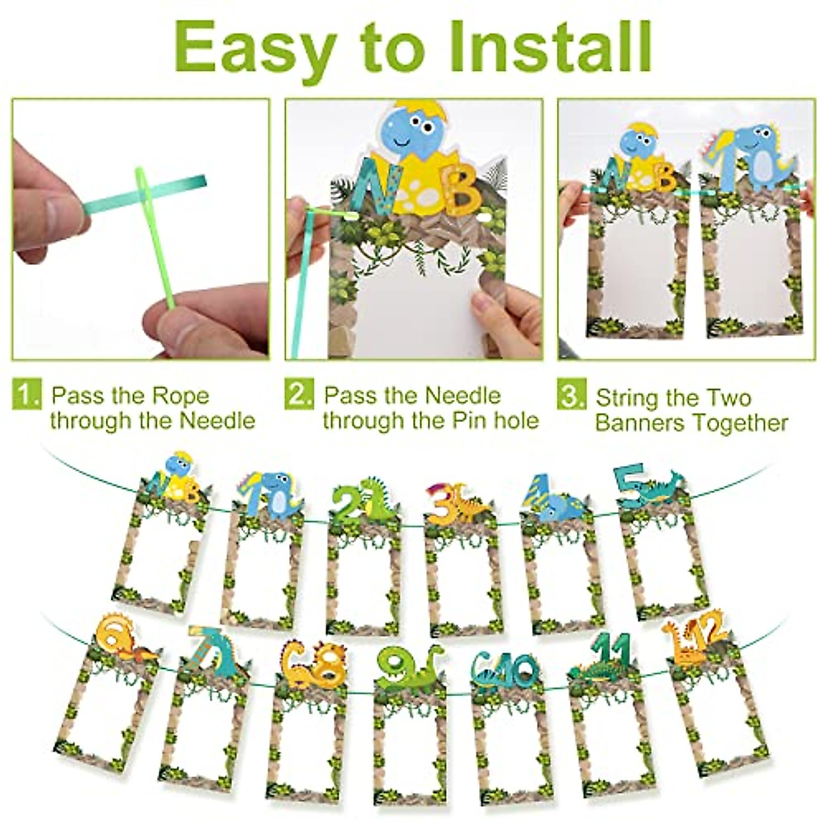 Dinosaur First Birthday Decorations, 1st Birthday Photo Banner for From Newborn to 12 Months Baby, Wild One Birthday Decorations, Monthly Milestone Photo Booth Props for Safari Dino Birthday Decor