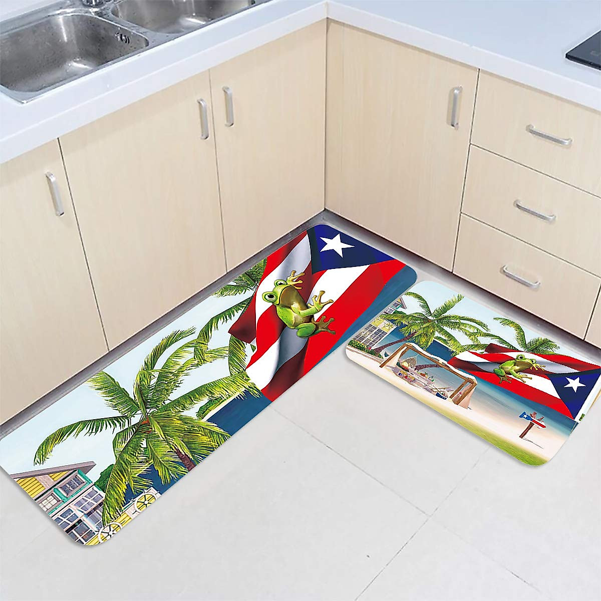 Gsypo Puerto Rico Kitchen Rugs Set 2 Pieces, Summer Beach Puerto Rico Flag Frog Non Slip Comfort Standing Floor Mat, Entryway Doormat Water Absorbent Washable Runner 16"x24" + 16"x47"